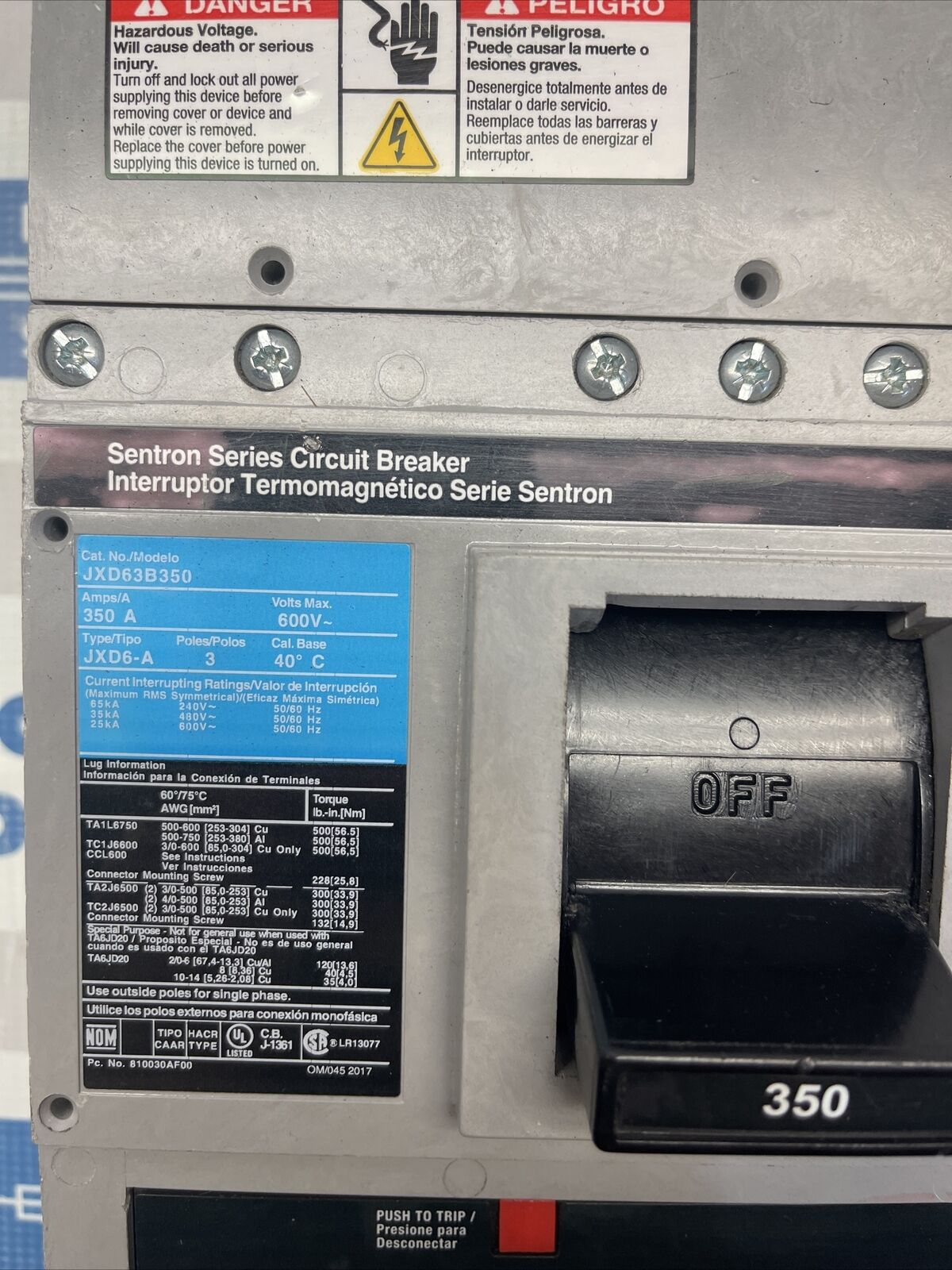 JXD63B350 - Siemens 350 Amp 3 Pole 600 Volt Bolt-On Molded Case Circui ...