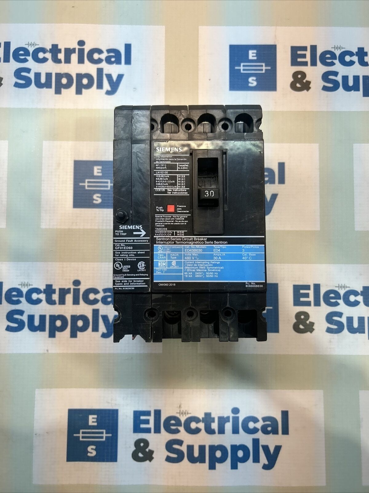 ED43B030 W Ground (GF01ED60) 30 Amp 480V 3 Pole Circuit Breaker Surplu ...