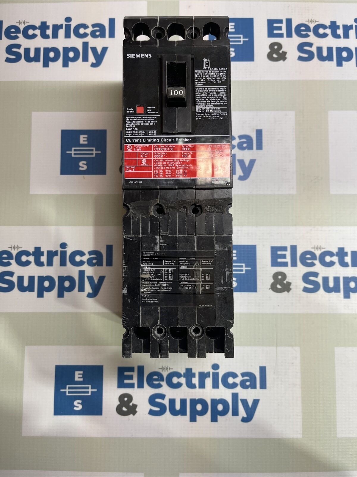 SIEMENS CED63B100, 100 AMP 3 POLE 600 VOLT CIRCUIT BREAKER - Electrical ...