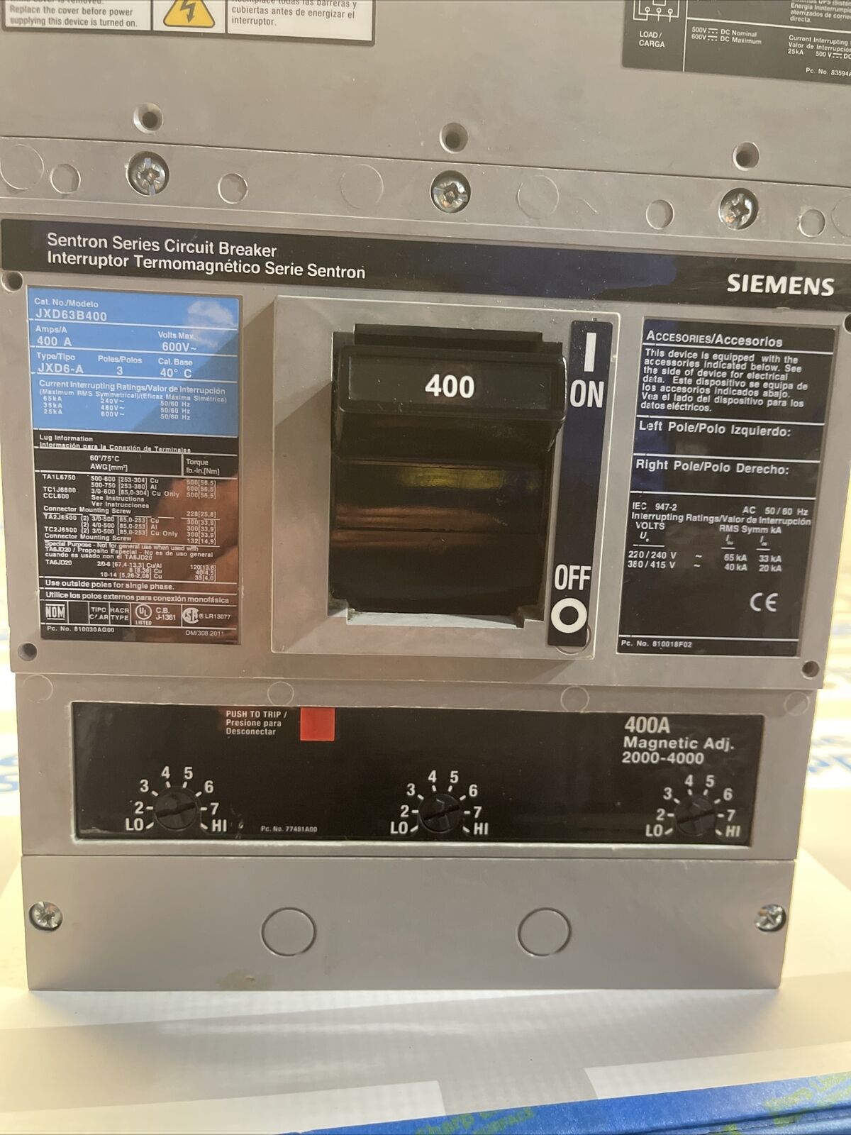 JXD63B400 Siemens ITE 3p 400a 600v Circuit Breaker NEW 2-year Warranty ...