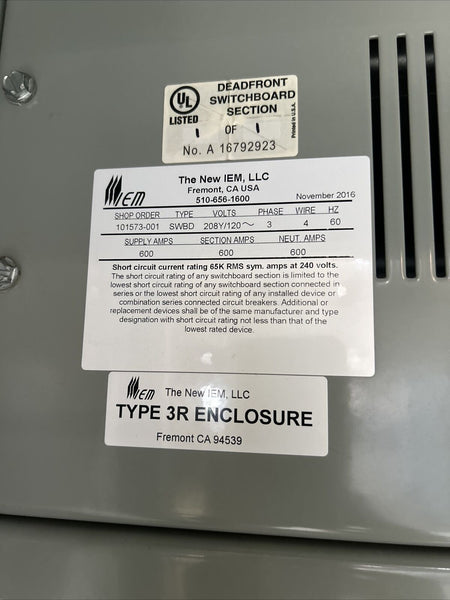 101573-001 | IEM | 600 Amp | 208Y/120 Volt | 3PH 4W | NEMA 3R | SWBD G ...