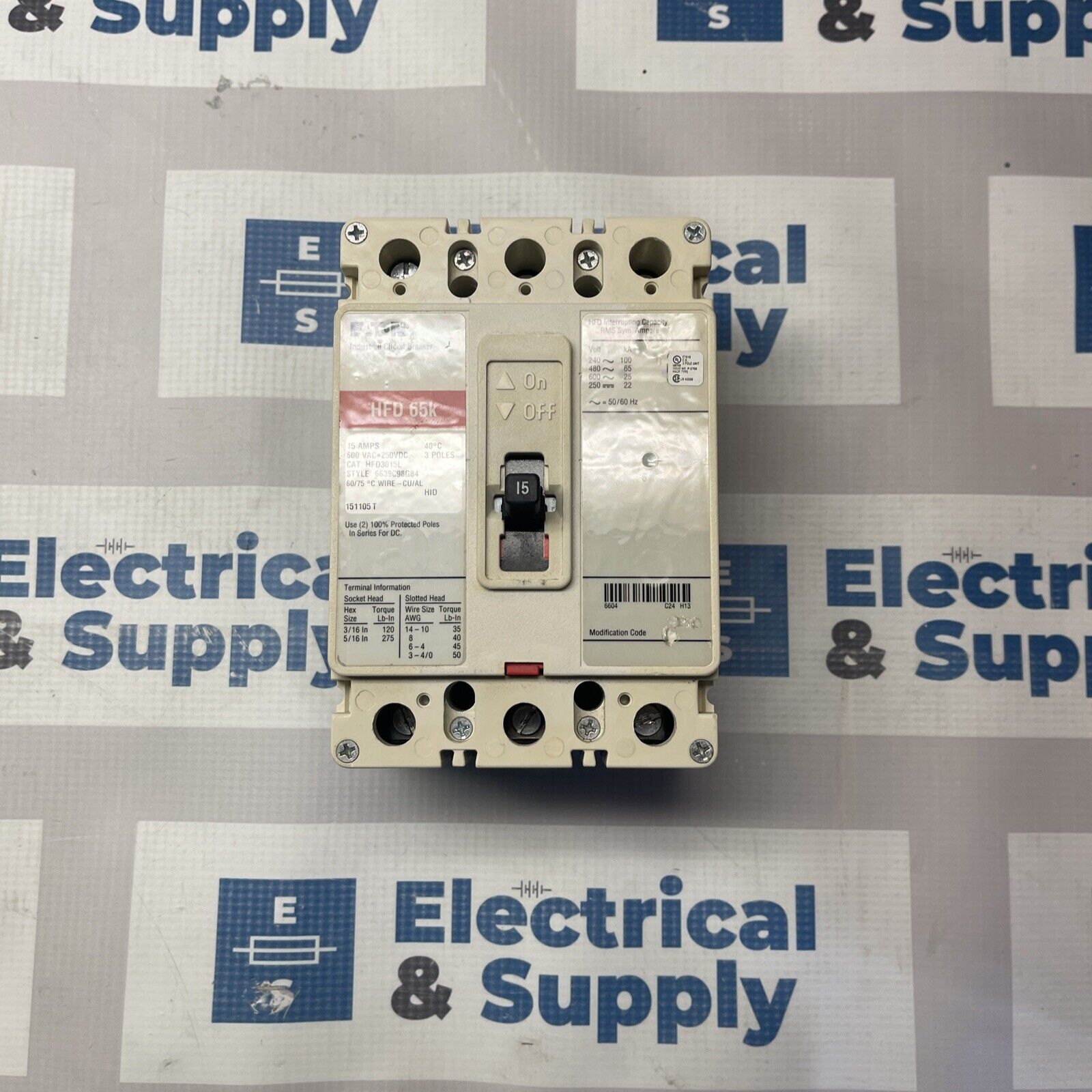 HFD3015 | Eaton | 15 Amp | 600 VAC | 3 Pole | HFD 65K Circuit Breaker ...