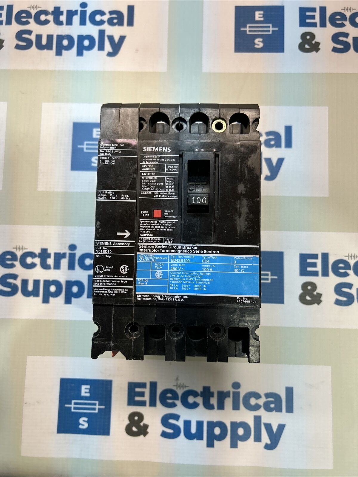 ED43B100 | Siemens | 100 Amp | 480 Volt | 3 Pole | Circuit Breaker wit ...