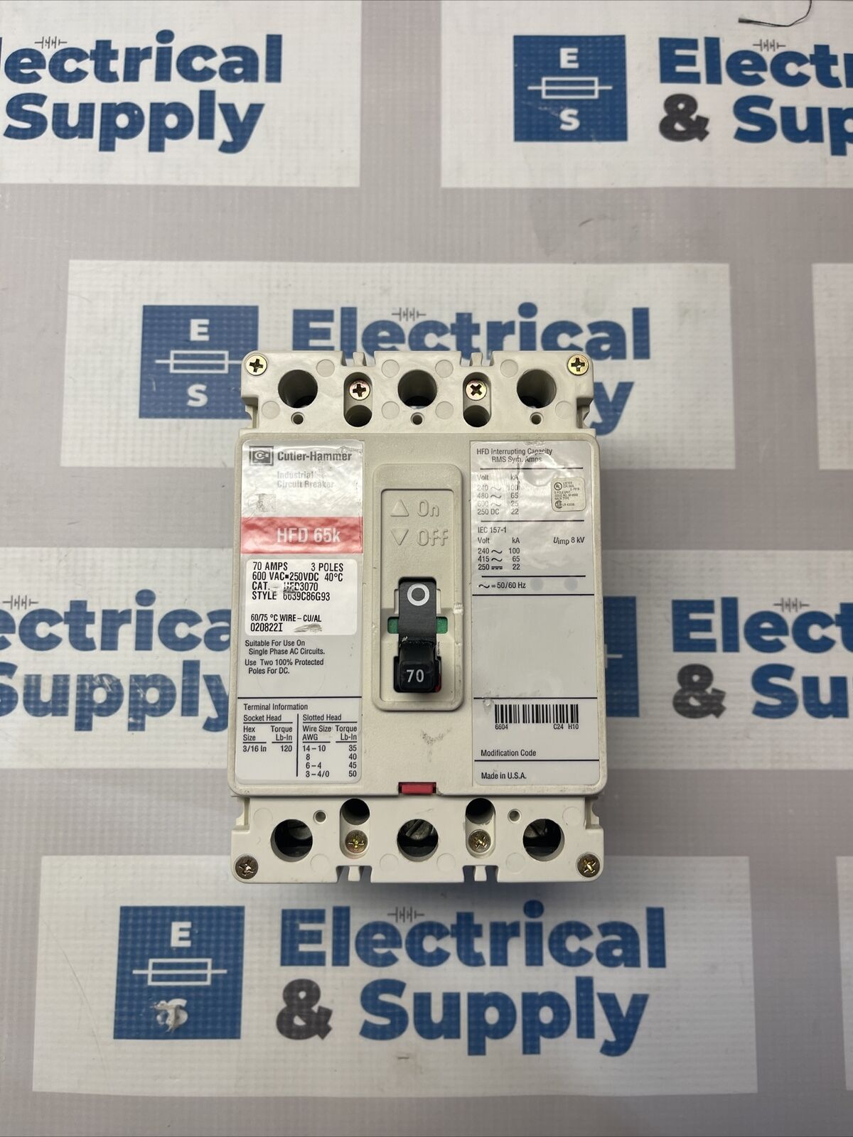HFD3070 | Eaton | 70 Amp | 600 VAC | 3 Pole | New Surplus HFD 65k Indu ...